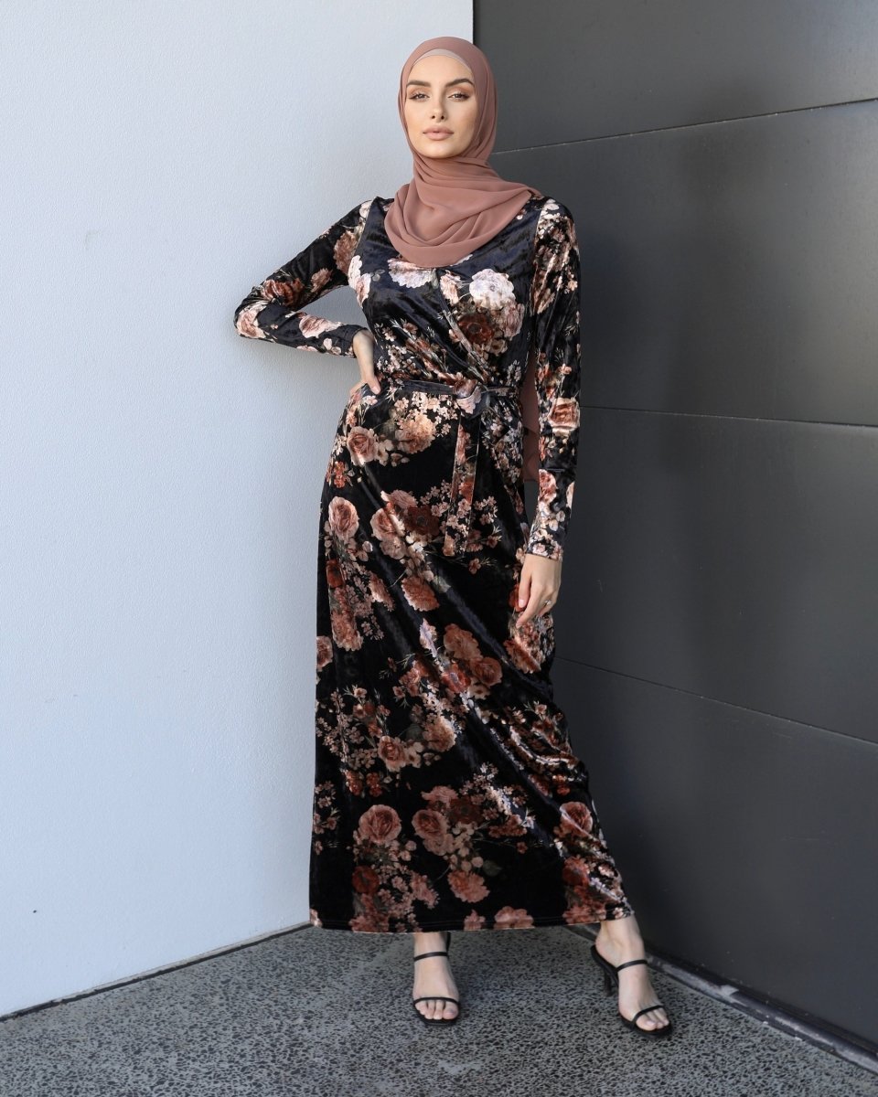 Velvet Black Bouquet Wrap Dress exclusive at Divinity Collection